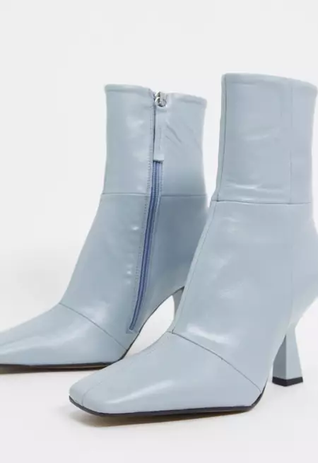 Asos Design Elodie Premium Leather Square Toe Heeled Boots สีฟ้าอ่อน