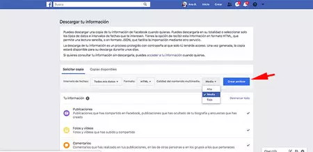 Facebook Information Download Screen