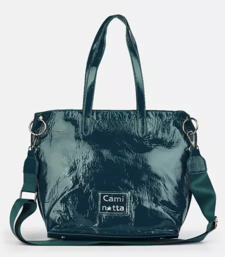 Bolso shopper grande Caminatta en azul petróleo con acabado en charol