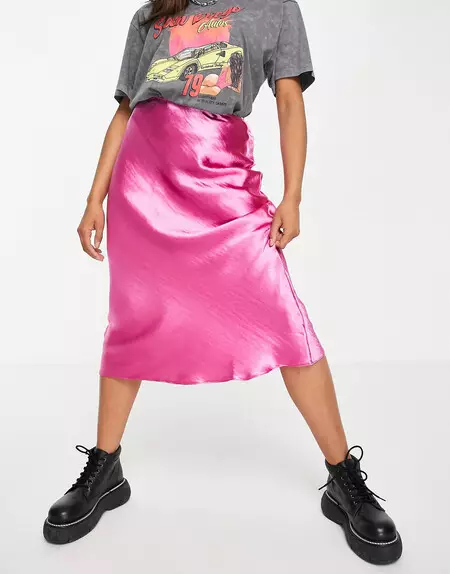 Asos Design Satijnen Bias Cut Midi Slip Rok Pop Pink