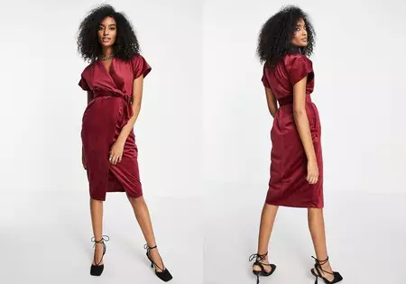 Wine Red Midi Dress Uban sa Kimono Sleeves Ug Velvet Tie Detail Ni Closet London 1