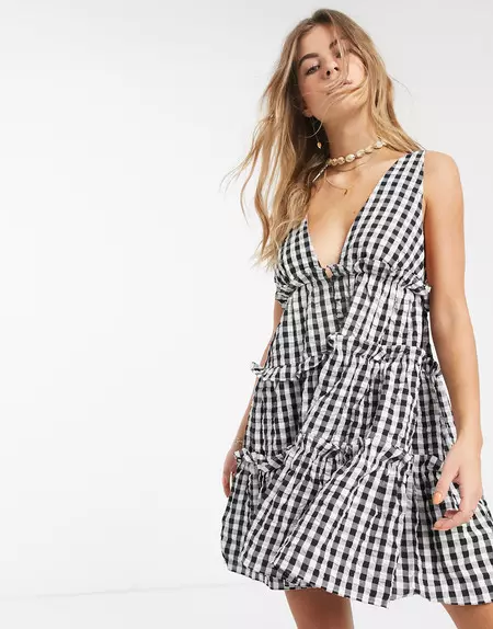 Asos Tasarım Düğme Önden Katmanlı Mini Sundress, Pötikareli Gofre 1