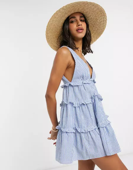 Asos Tasarım Düğmeli Önden Katmanlı Mini Sundress In Stripe 1