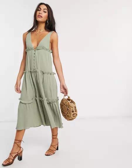 Bọtịnụ Design Asos n'ihu Tiered Midi Sundress na Textured Crinkle na Khaki