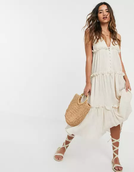 Asos Tasarım Düğme Önü Katmanlı Midi Sundress Taşlı Dokulu Kırışık 1