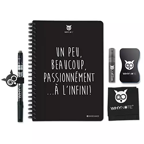 Whynote® A5 – блок Нота, чексиздикке чейин кайра колдонууга болот Whynote Book Starter Pack unpeu (Кайта колдонууга болот) – Le cahier – Блокнот өчүрүлүүчү барагы, төртүнчү сызыгы бар, кийиз менен өчүрүлгөн, бирок тийбейт – Губка – Спрей – микрофибр