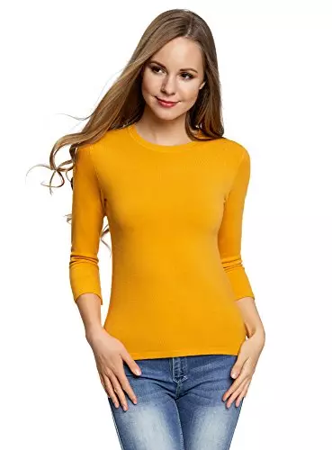 Oodji Ultra Women's Basic 3/4 Sleeve Jumper, Yellow, UK 44 / XL