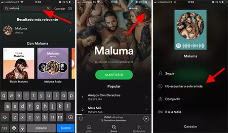 Príklad blokovania umelca v kópii Spotify