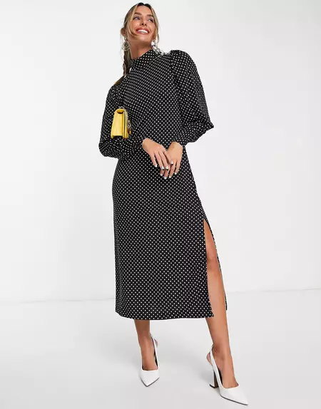 Other Stories Polka Dot Print Midi Dress With Beaded Buttons