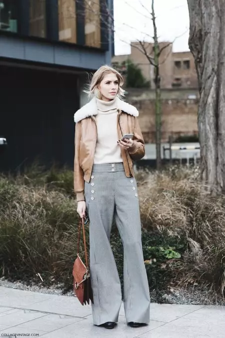 London Fashion Week Otòn Ivè 2015 Street Style Lfw Collage Vintage Elena Perminova Chloe Aviator Jacket Flared Trousers 1 790x1185