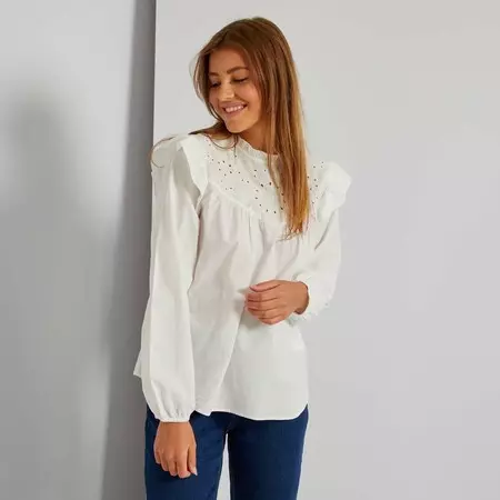 Snow White English Embroidered Ruffled Blouse Woman Size 34 To 48 Yq229 1 Zc1